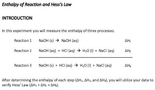 SOLVED:Enthalpy of Reaction and Hess's Law INTRODUCTION In this ...