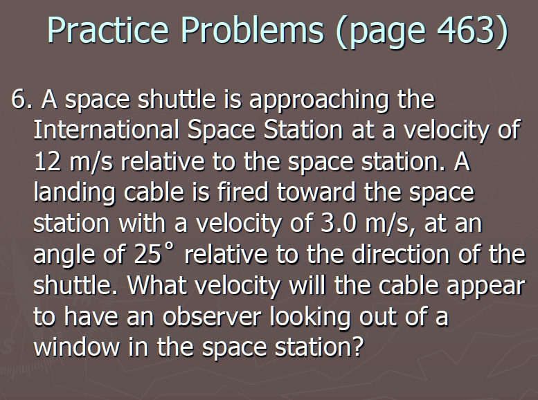SOLVED: Practice Problems (page 463) 6. A space shuttle is approaching ...