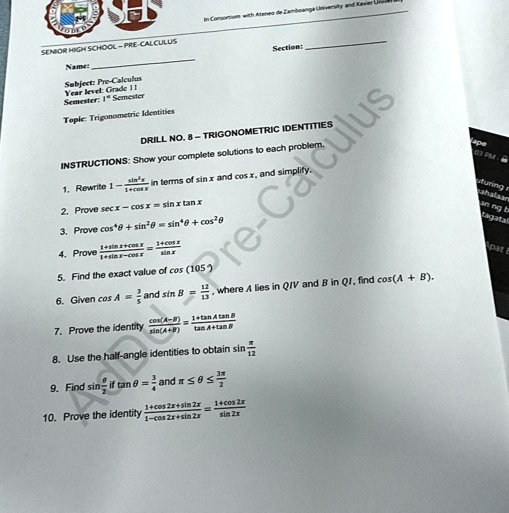 Texts Senior High School Pre Calculus Section Name Subject Pre Calculus Year Level Grade 11