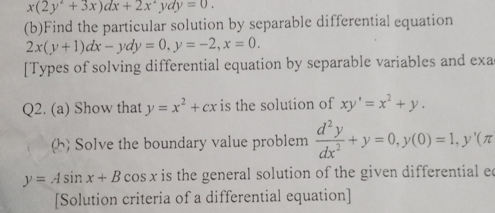 SOLVED: (b)Find the particular solution by separable differential equation 2 x(y+1) d x-y d y=0 ...
