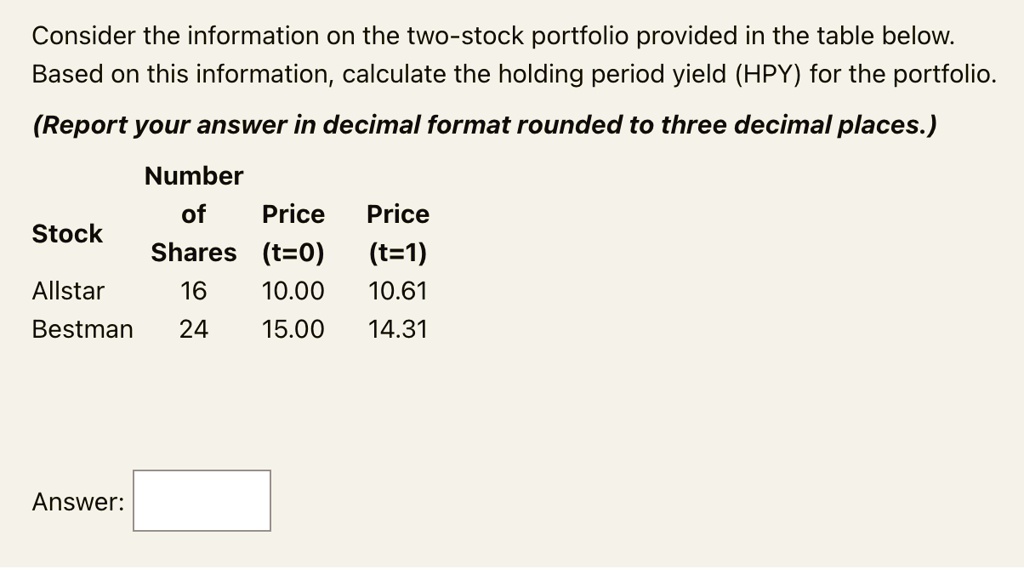 SOLVED: Consider the information on the two-stock portfolio provided in ...