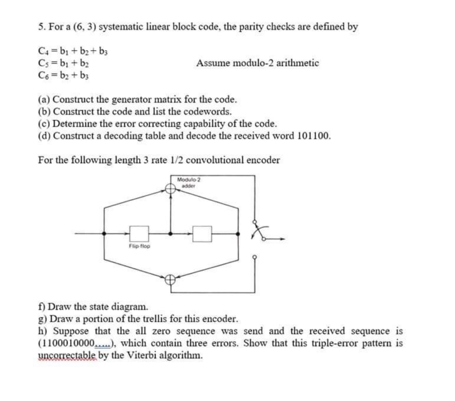 Solved 5 For A 6 3 Systematic Linear Block Code The Parity Checks Are Defined By C4 B1 B2