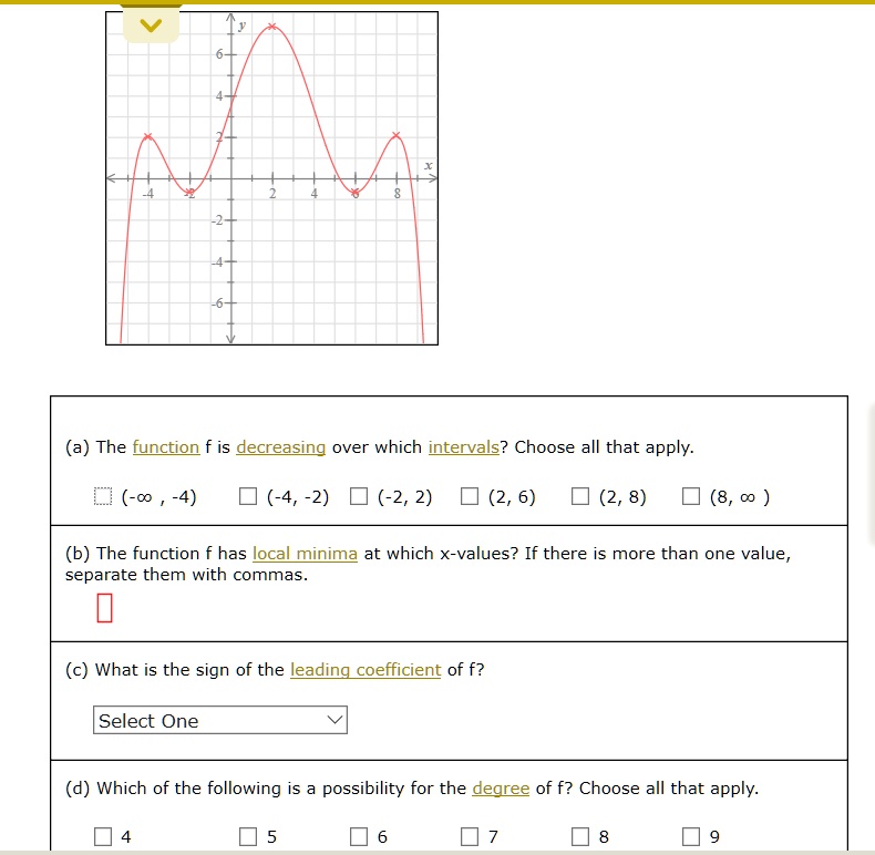 SOLVED: (a) The function f is decreasing over which intervals? Choose all that apply: D(-âˆž, -4 ...