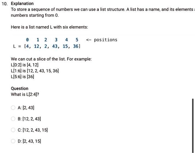 SOLVED: 10. Explanation: To store a sequence of numbers, we can use a ...