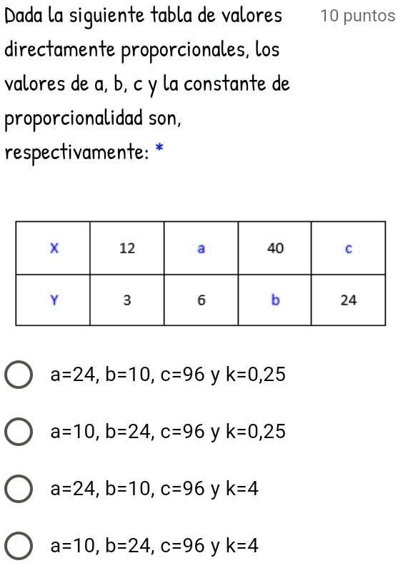 SOLVED: me ayudan por favor Dada la siguiente tabla de valores 10 puntos directamente ...