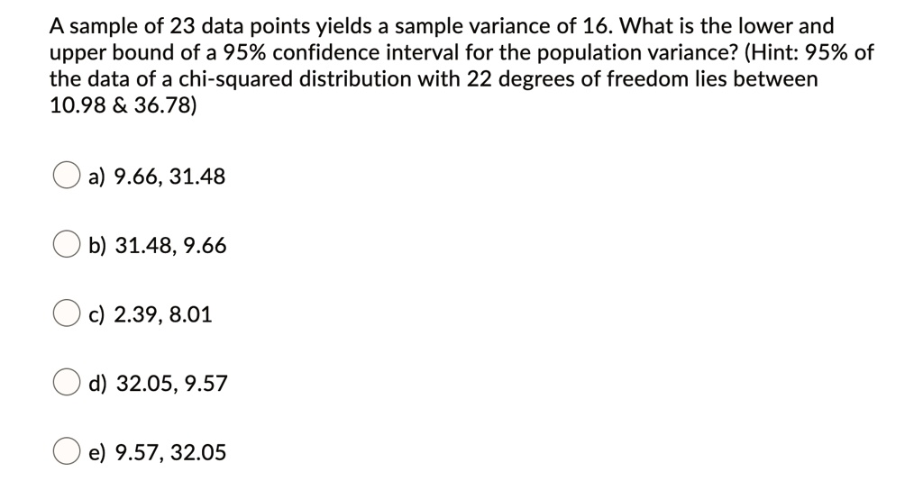 a sample of 23 data points yields a sample variance of 16 what is the ...