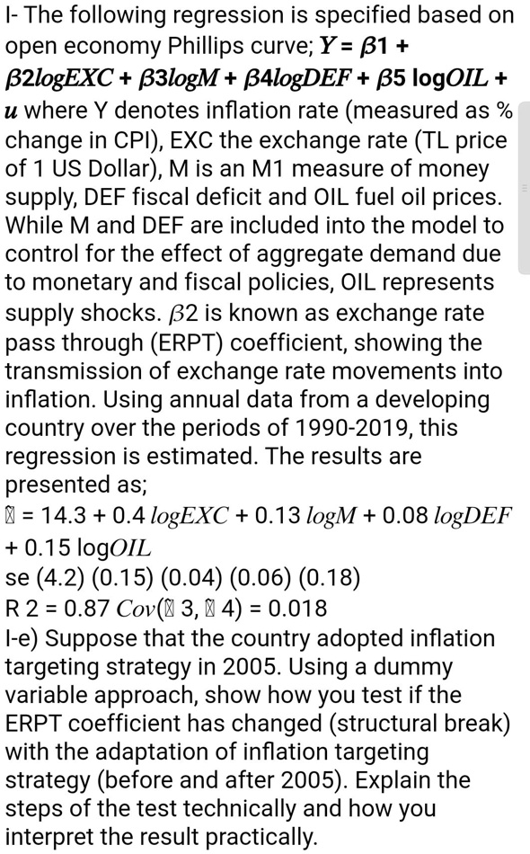 SOLVED: The following regression is specified based on the open economy ...