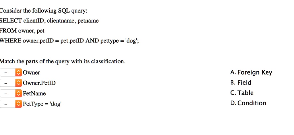 Consider the following SQL query: SELECT clientID, clientname, petname FROM owner, pet WHERE ...