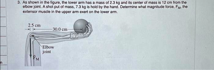 SOLVED: 3.As shown in the figure,the lower arm has a mass of 2.3 kg and ...
