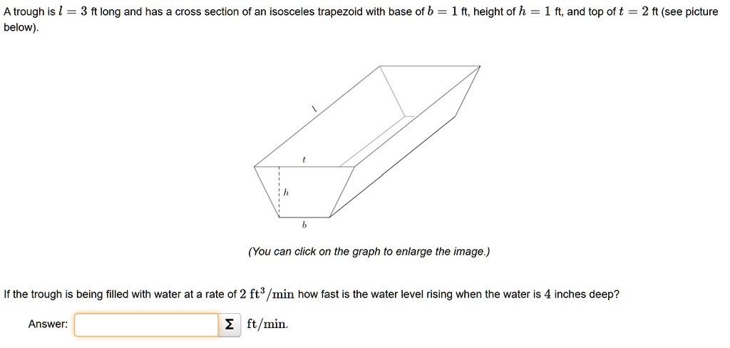 a trough is 3 ft long and has cross section of an isosceles trapezoid with base of b 1 ft height ...