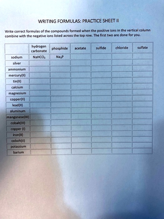 SOLVED: Text: WRITING FORMULAS: PRACTICE SHEET II Write correct ...