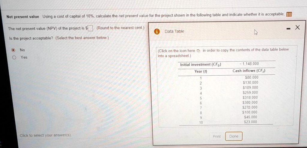 SOLVED: Net present value: Using a cost of capital of 10%, calculate the net present value for ...