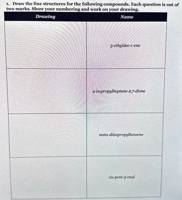 1. Draw the line structures for the following compounds. Each question is out of two marks. Show ...