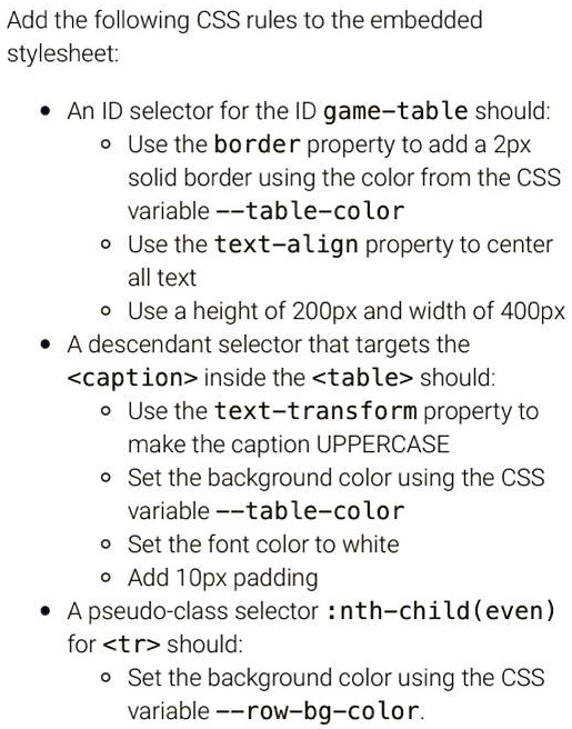Get Answer Add The Following Css Rules To The Embedded Stylesheet