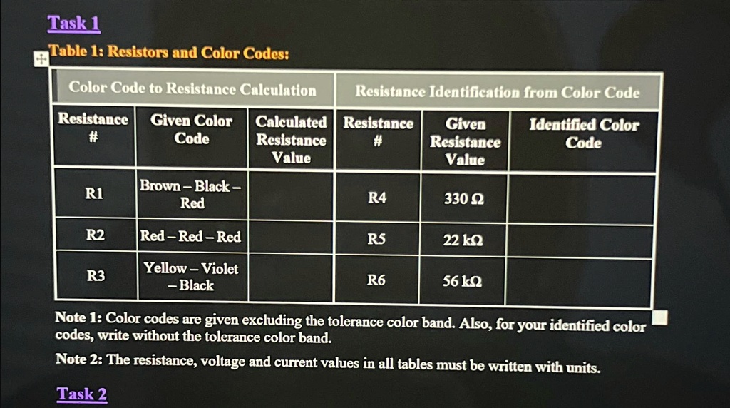 SOLVED: Task 1 Table 1: Resistors and Color Codes: able[[Color Code to Resistance Caleulation ...