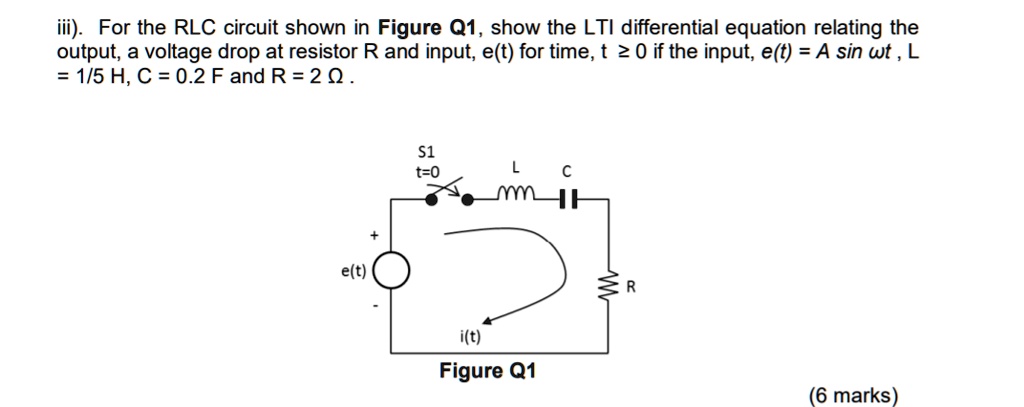 SOLVED: iii). For the RLC circuit shown in Figure Q1, show the LTI differential equation ...