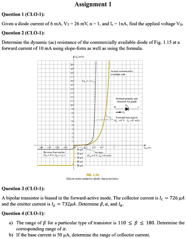 SOLVED: Assignment 1 Question 1 (CLO-1) Given a diode current of 6 mA, VT = 26 mV, n = 1, and Is ...