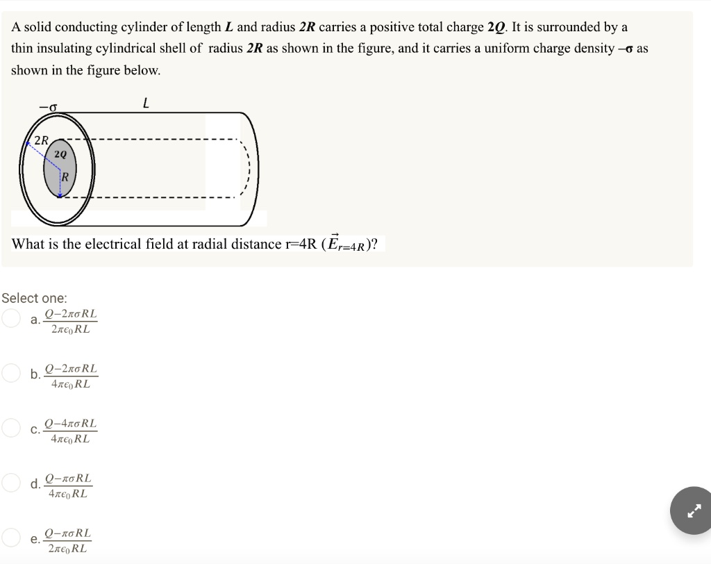 a solid conducting cylinder of length l and radius 2r carries positive total charge 20 it is ...