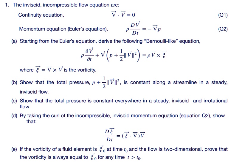 Solved The Inviscid Incompressible Flow Equations Are Continuity Equation V · V 0 Dv