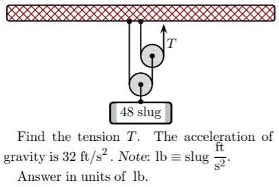 SOLVED: 48 slug Find the tension T The acceleration gravity is 32 ft/s ...