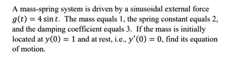 A mass-spring system is driven by a sinusoidal external force g(t) = 4 ...