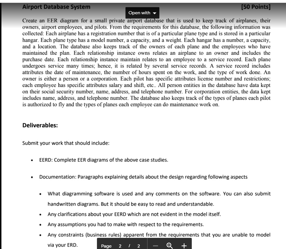 please solve completely airport database system 50 points open with ...