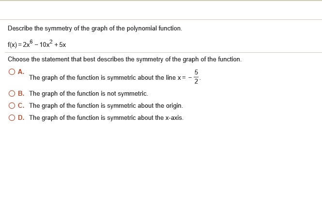SOLVED: Describe the symmetry of the graph of the polynomial function ... SOLVED: Describe the symmetry of the graph of the polynomial function ...