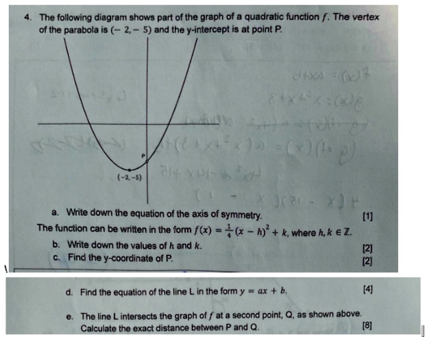 SOLVED: 4. The following diagram shows part of the graph of a quadratic function f.The vertex of ...