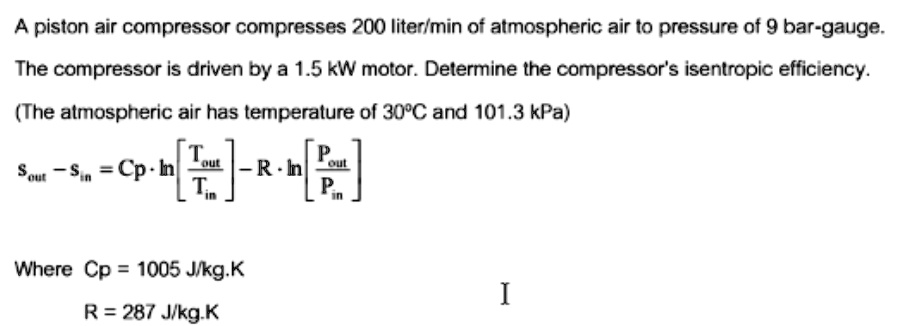 A piston air compressor compresses 200 liter/min of atmospheric air to ...