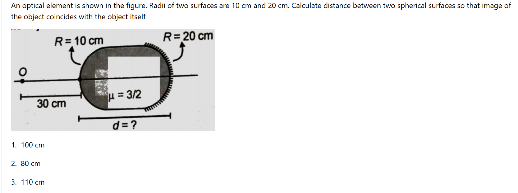 An optical element is shown in the figure. Radii of two surfaces are 10 cm and 20 cm . Calculate ...