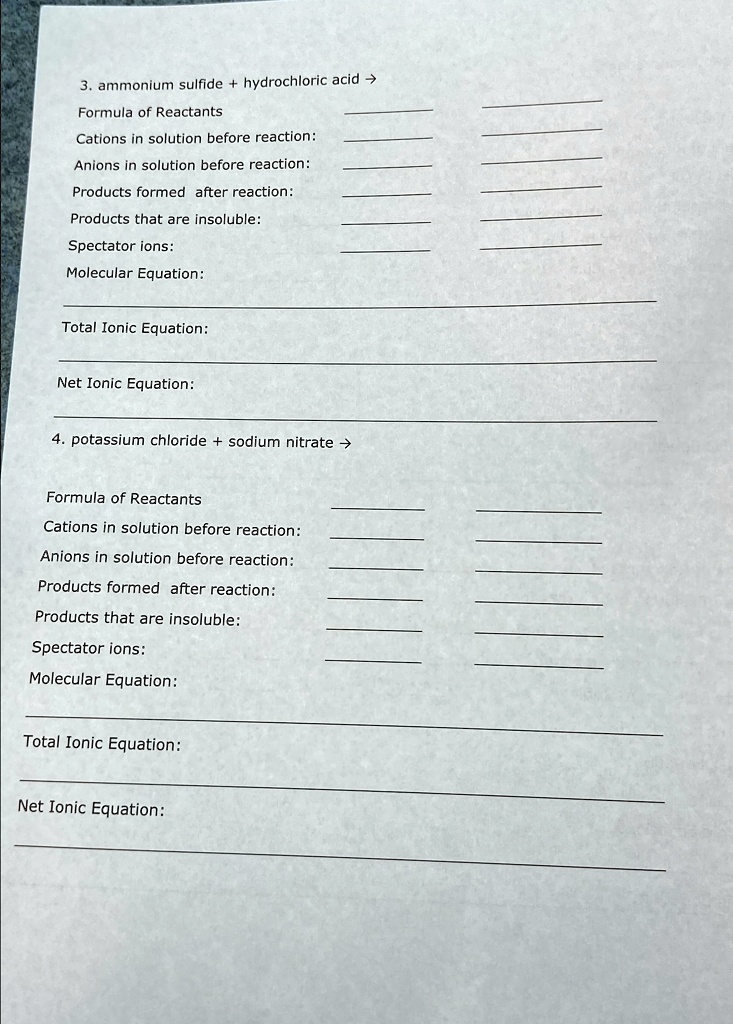 ammonium sulfide + hydrochloric acid -> Formula of Reactants Cations in solution before reaction ...