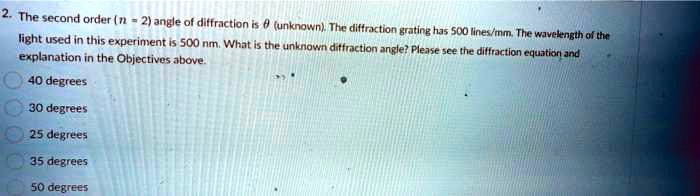2. The second order (n = 2) angle of diffraction is θ (unknown). The ...