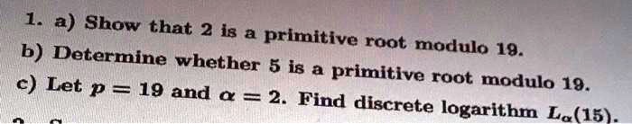 Solved A Show That 2 Is A Primitive Root Modulo B Determine Whether 5 Is 19 C Let Primitive