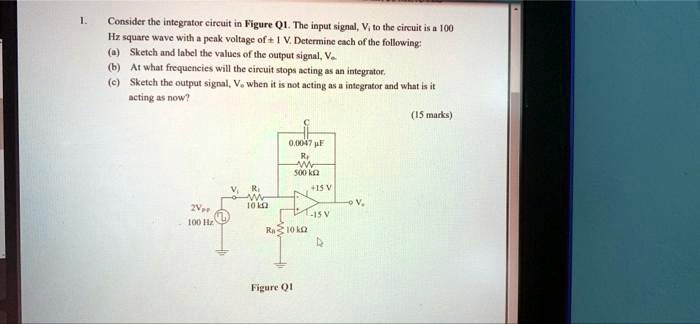 SOLVED: Consider the integrator circuit in Figure Q1. The input signal, V, to the circuit is a ...