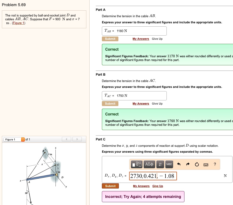SOLVED: Text: Statics Problem 5.69 Part A: Determine the tension in the cable AB. The rod is ...