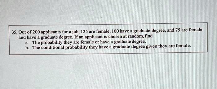 35. Out of 200 applicants for a job, 125 are female, 100...