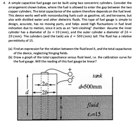 4. A simple capacitive fuel gauge can be built using two concentric ...