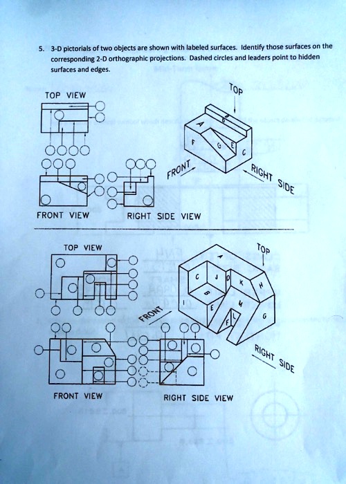 5.3-D pictorials of two objects are shown with labeled surfaces ...