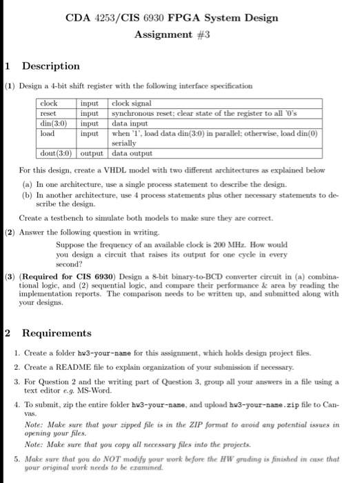 Solved Cda 4253cis 6930 Fpga System Design Assignment 3 Description 1 Design A 4 Bit Shift