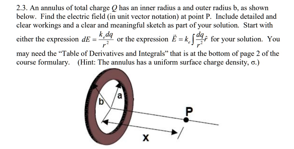 23 an annulus of total charge q has an inner radius a and outer radius ...