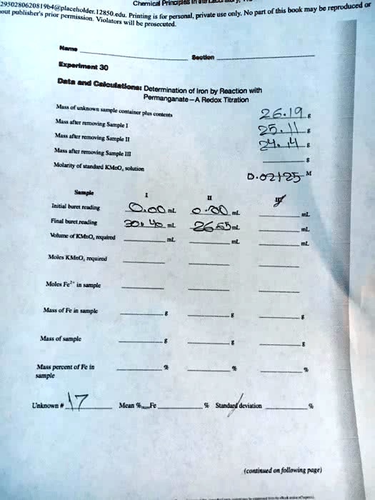 ' Determination of iron by Reaction with Permanganate A Redox Titration. Mass of unknown sample ...