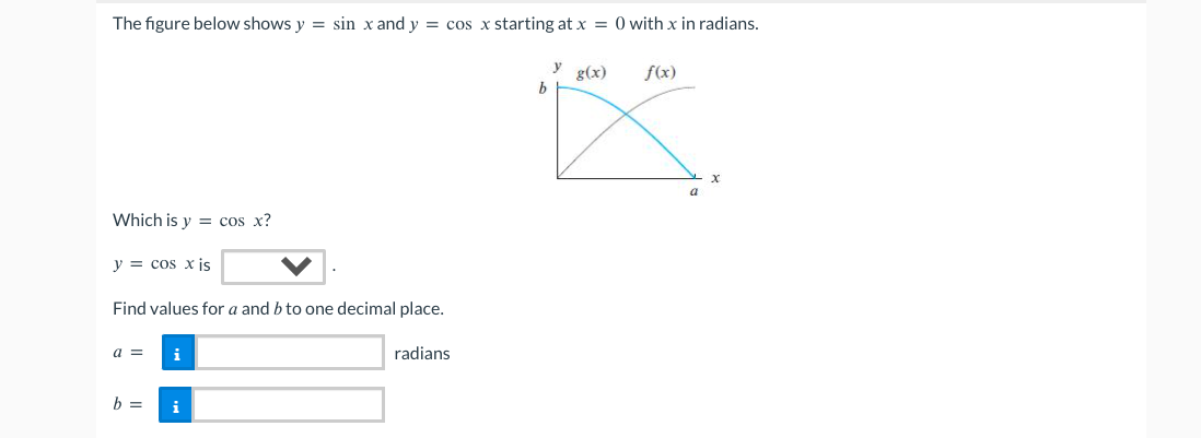 SOLVED: The figure below shows y=sin x and y=cos x starting at x=0 with x in radians. Which is y ...