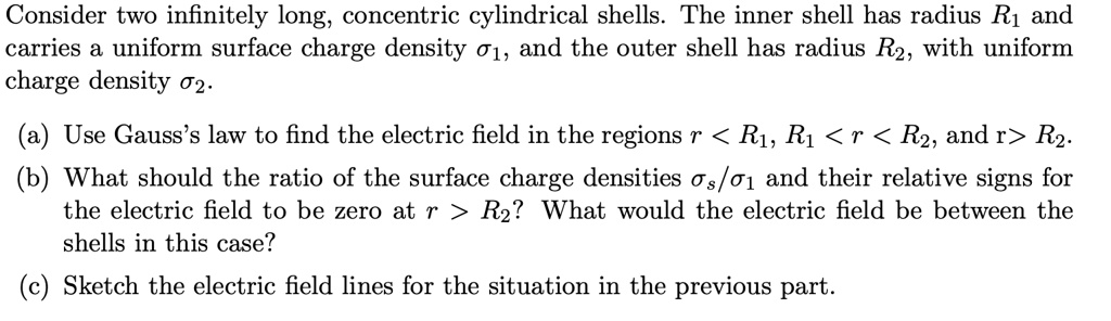 SOLVED: Consider two infinitely long; concentric cylindrical shells The ...