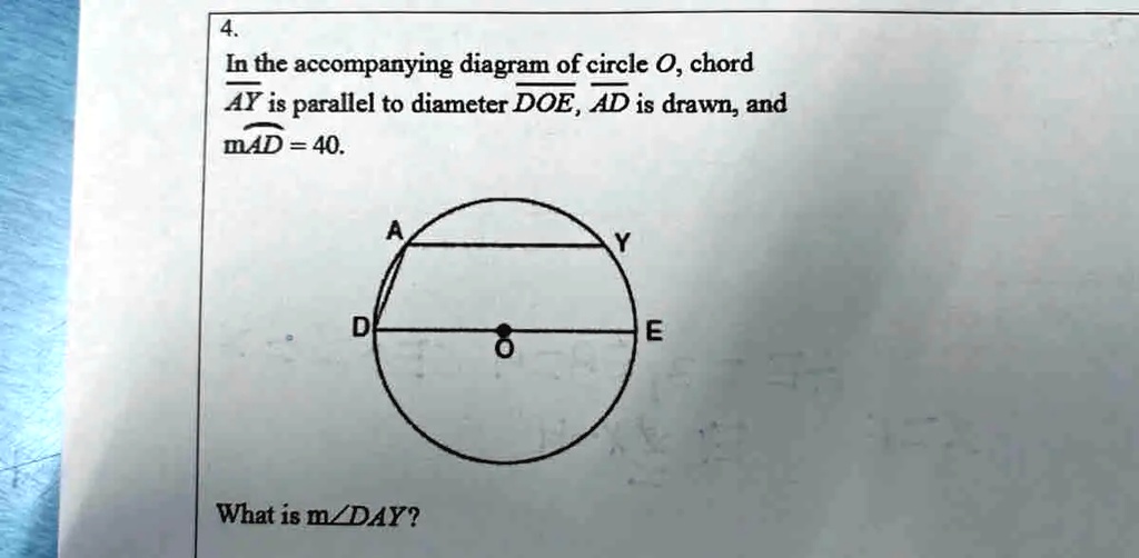 SOLVED: In the accompanying diagram of circle O, chord AY is parallel to diameter DE, AD is ...