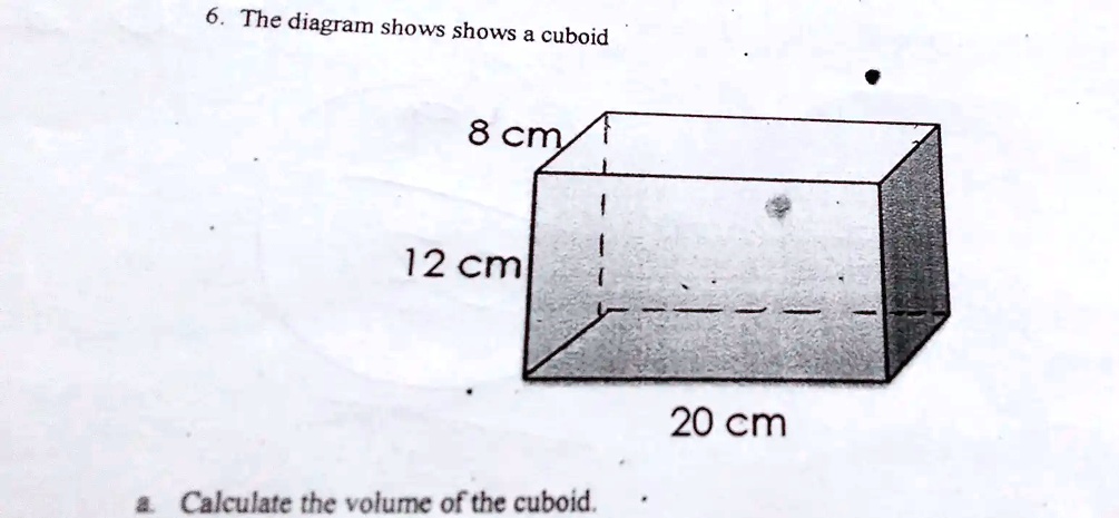 SOLVED: The diagram shows shows a cuboid 8 cm 12 cm 20 cm Calculate the volume of the cuboid