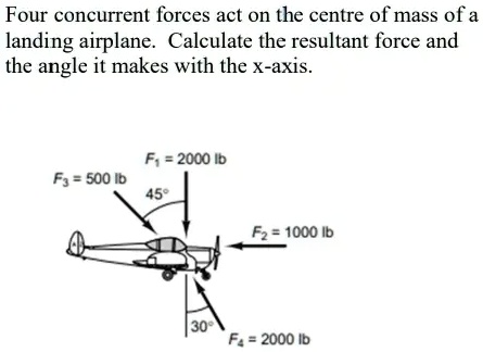 Four concurrent forces act on the centre of mass of a landing airplane ...