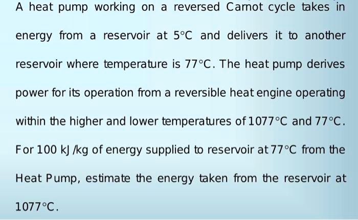 SOLVED: A heat pump working on a reversed Carnot cycle takes in energy ...