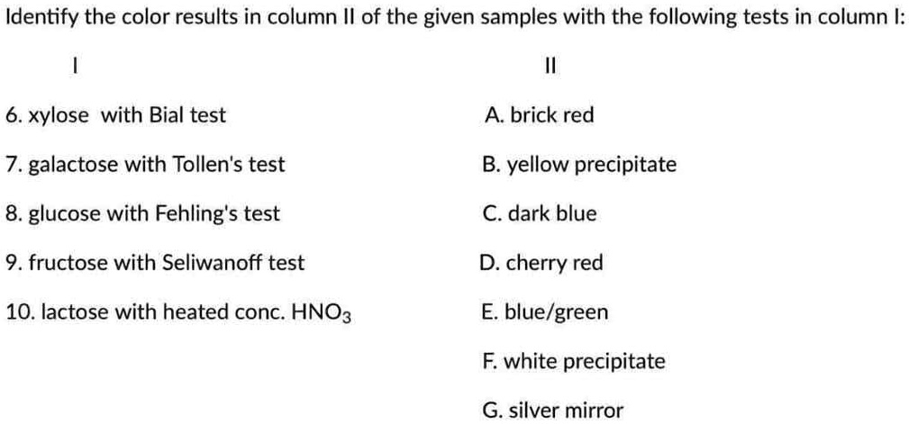 SOLVED:Identify the color results in column Il of the given samples ...