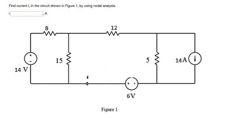 SOLVED: Find current i, in the circuit shown in Figure 1, by using nodal analysis. ,A 8 MM 12 15 ...