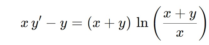 SOLVED: x y^'-y=(x+y) ln((x+y)/(x))